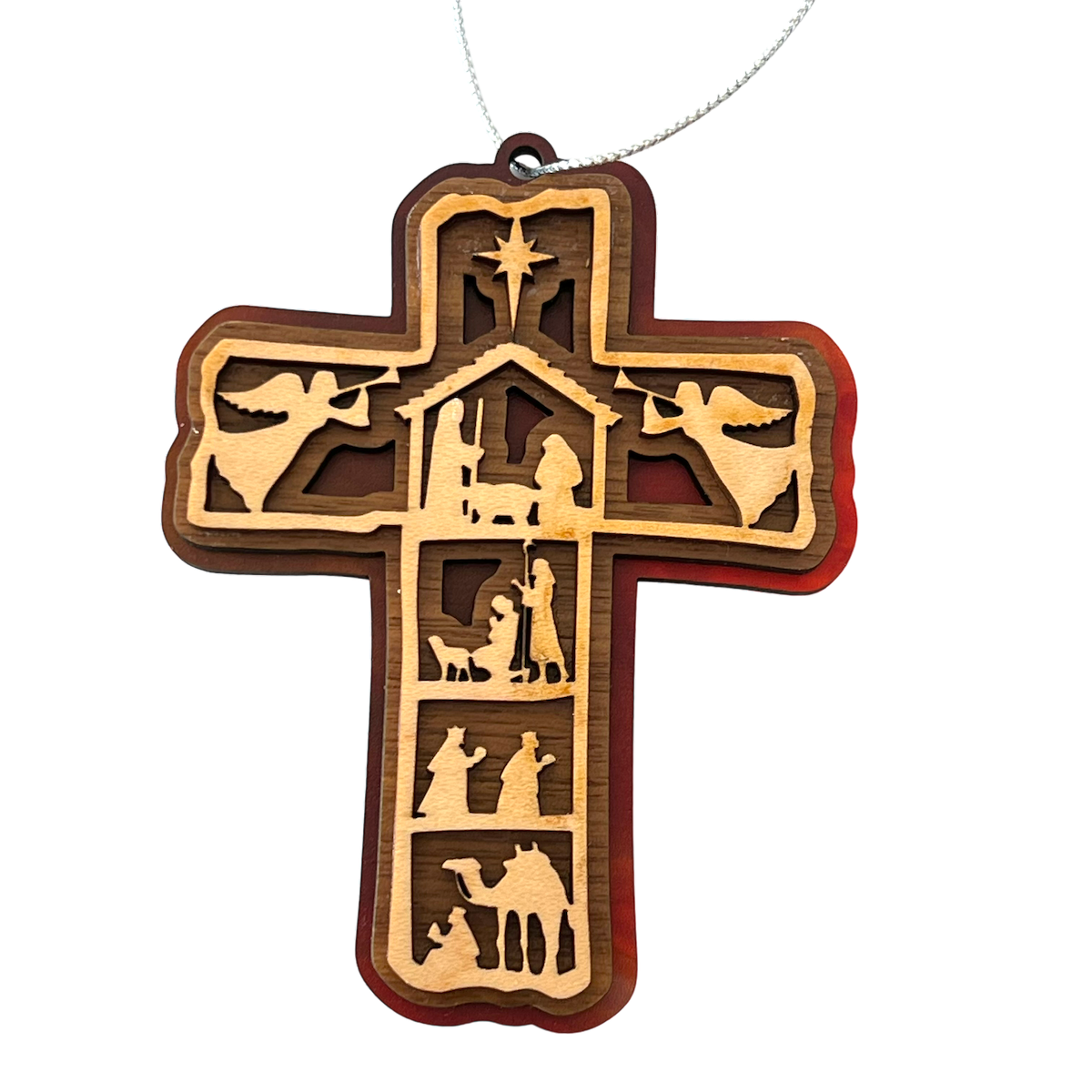 Cross with Nativity Scenes 3 Layer Wood Ornament | Blue Pelican Outer ...
